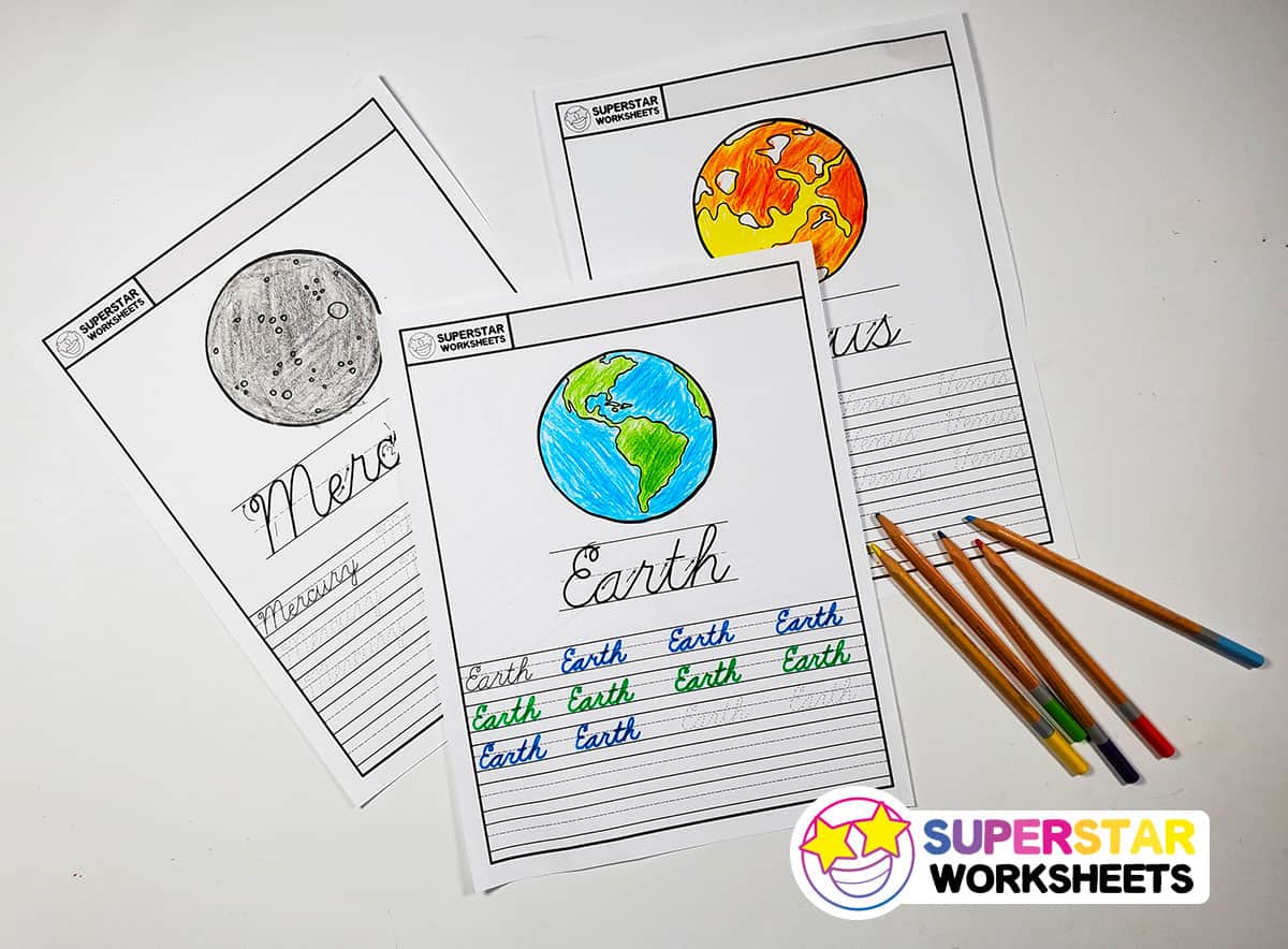 Planets Cursive Handwriting Worksheets - Superstar Worksheets