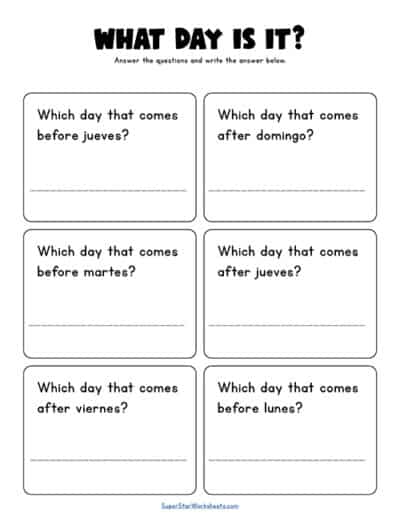 SPANISH Days of the Week Worksheets - Superstar Worksheets