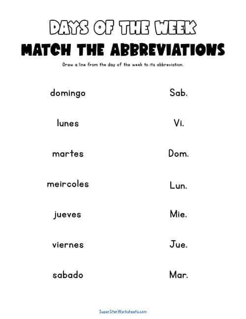 Spanish Days Of The Week Worksheet For Kids