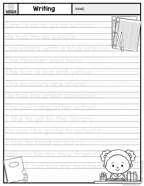 Kindergarten Writing Sentences Worksheets Superstar Worksheets