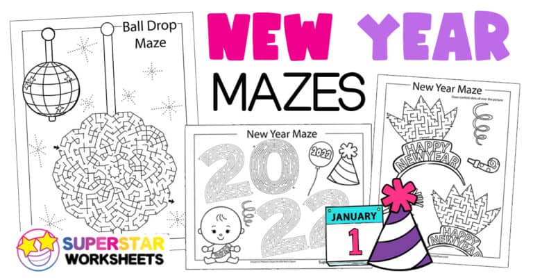 New Year's Day Mazes - Superstar Worksheets