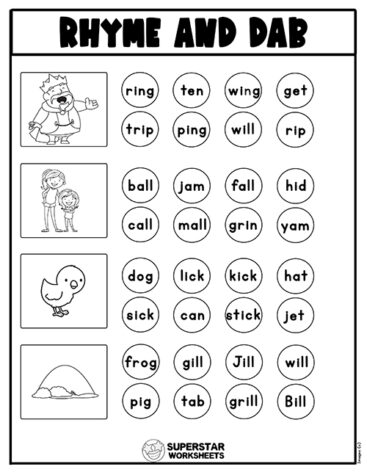 Rhyming Worksheets for Kindergarten - Superstar Worksheets