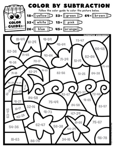 Subtraction Color By Number - Superstar Worksheets