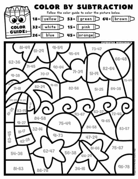 Subtraction Color By Number - Superstar Worksheets
