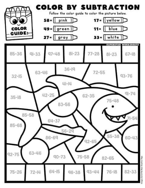 Subtraction Color By Number - Superstar Worksheets