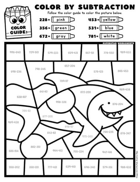 Subtraction Color By Number - Superstar Worksheets