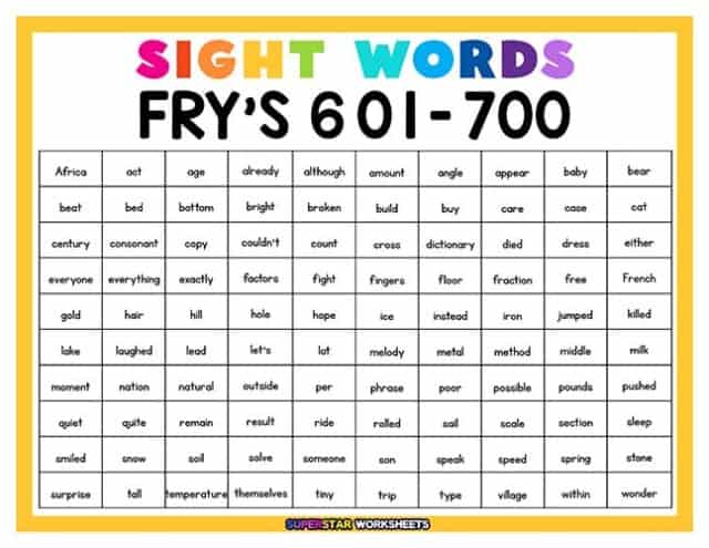 Fry Sight Words - Superstar Worksheets