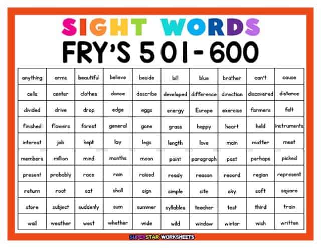 Fry Sight Words - Superstar Worksheets