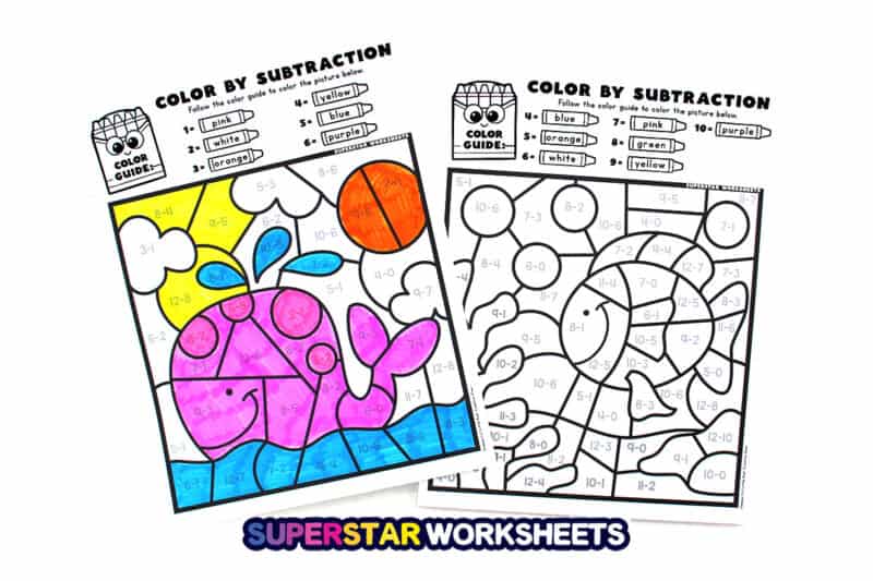 Subtraction Color By Number - Superstar Worksheets