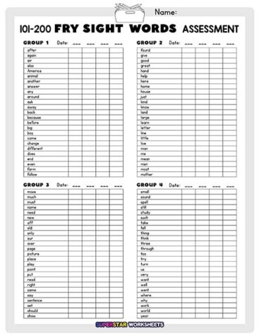 Fry Sight Word Assessment - Superstar Worksheets
