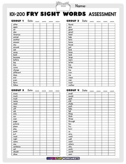 Fry Sight Word Assessment - Superstar Worksheets