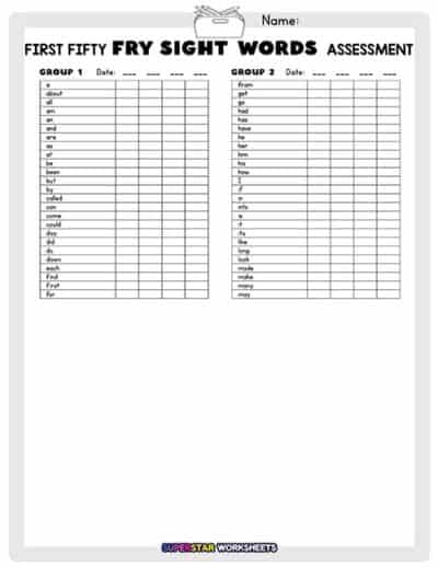 Fry Sight Word Assessment - Superstar Worksheets