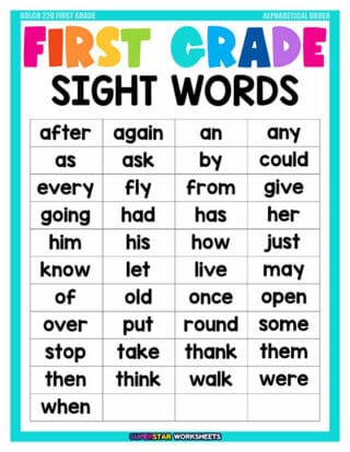 First Grade Sight Words - Superstar Worksheets