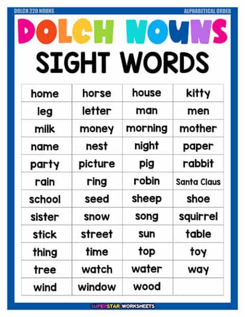 Dolch Sight Word Nouns - Superstar Worksheets