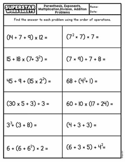 Order of Operations Worksheets - Superstar Worksheets