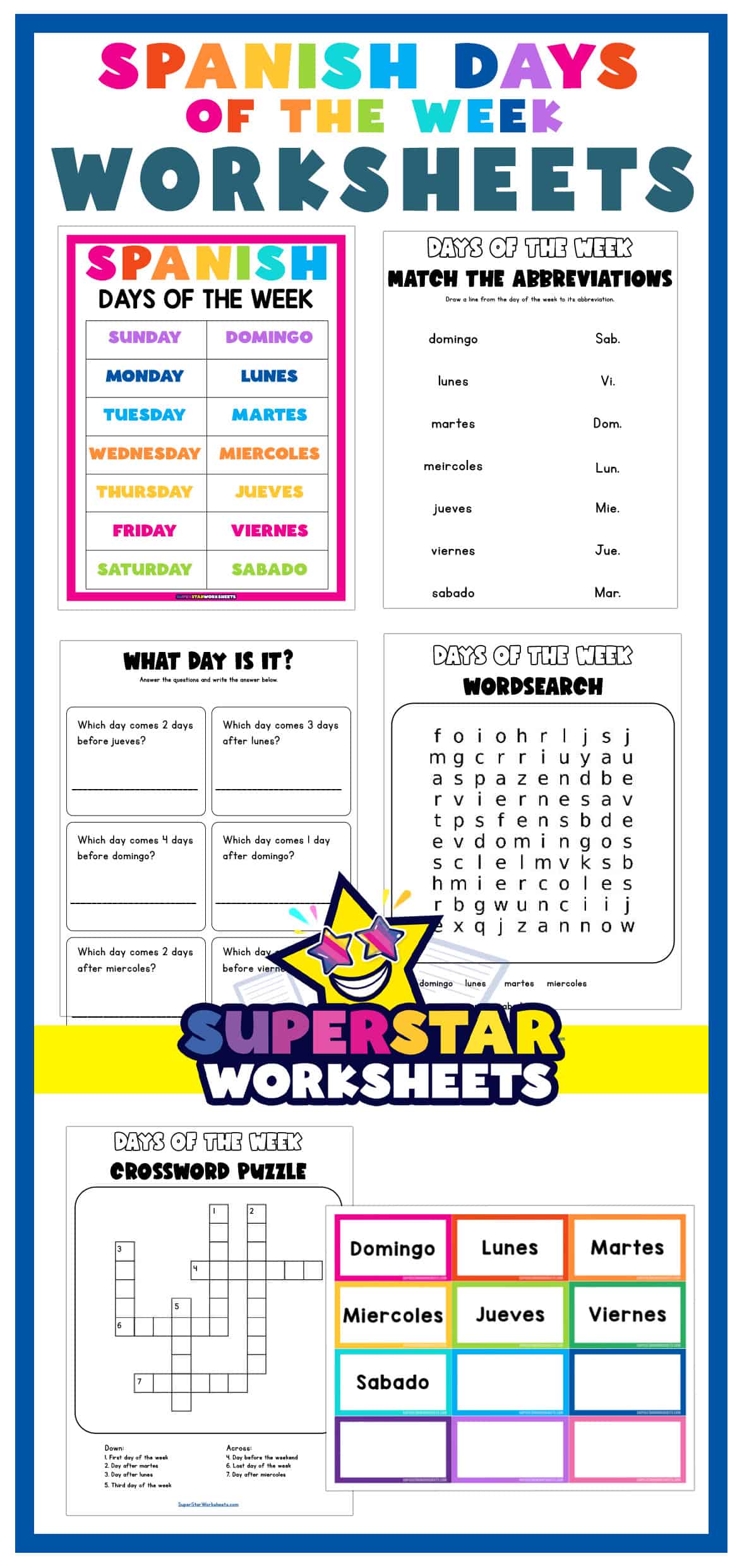 SPANISH Days of the Week Worksheets - Superstar Worksheets