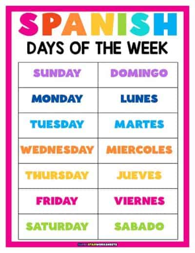 SPANISH Days of the Week Worksheets - Superstar Worksheets