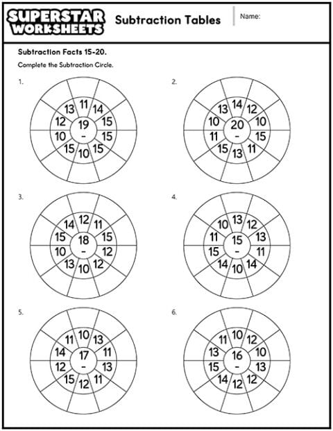 Subtraction Table Worksheets - Superstar Worksheets