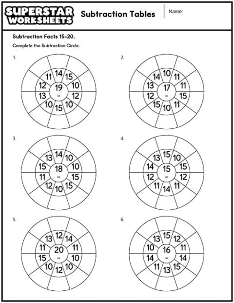 Subtraction Table Worksheets - Superstar Worksheets