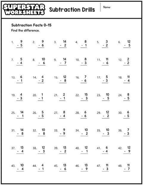 Subtraction Drills - Superstar Worksheets