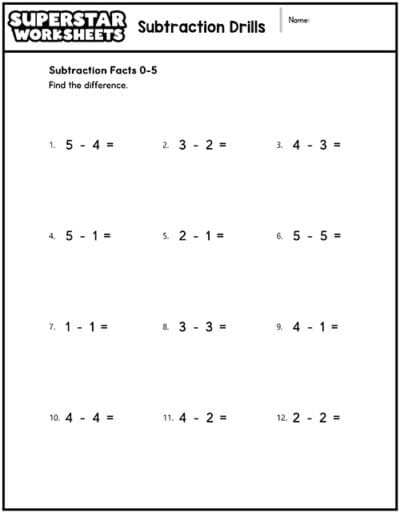 Subtraction Drills - Superstar Worksheets