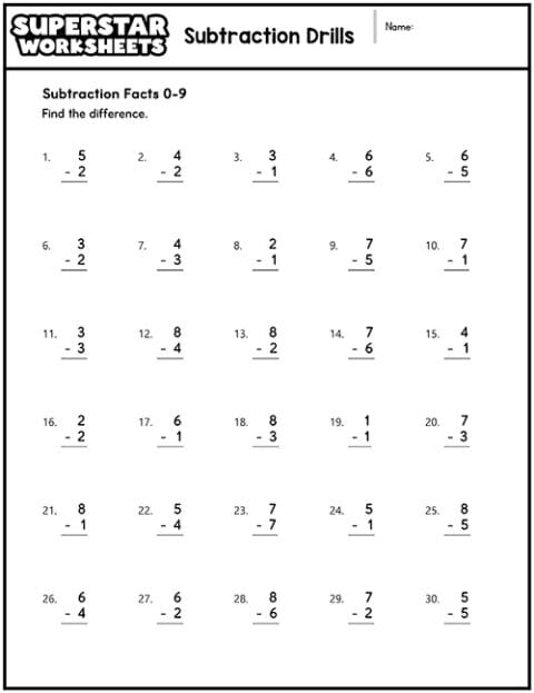 Subtraction Drills - Superstar Worksheets