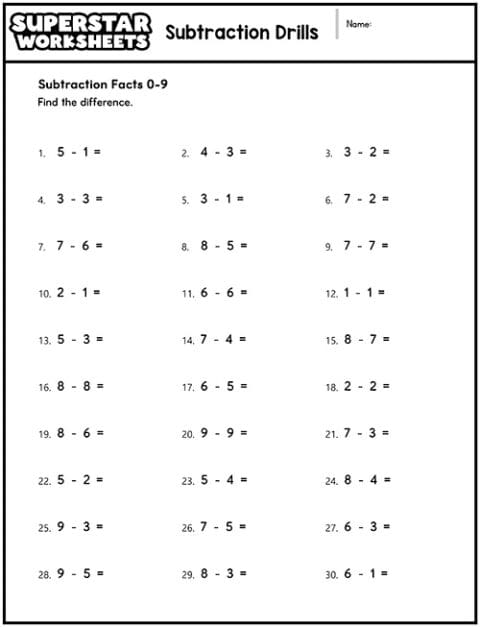 Subtraction Drills - Superstar Worksheets