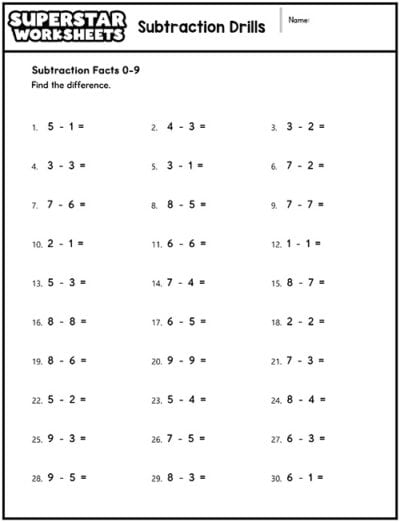 Subtraction Drills - Superstar Worksheets