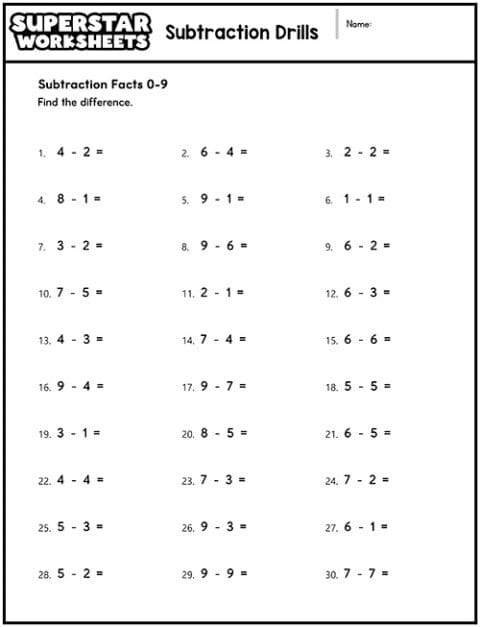 Subtraction Drills - Superstar Worksheets