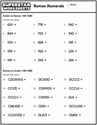 Roman Numerals Worksheets - Superstar Worksheets