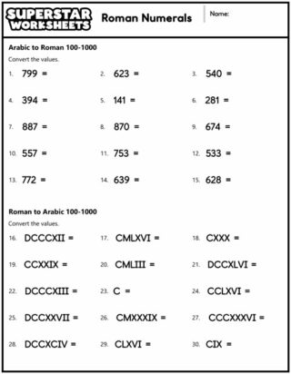 Roman Numerals Worksheets - Superstar Worksheets