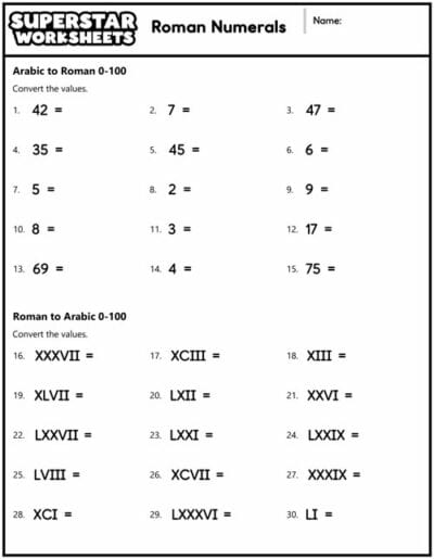 Roman Numerals Worksheets - Superstar Worksheets