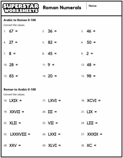 Roman Numerals - Superstar Worksheets