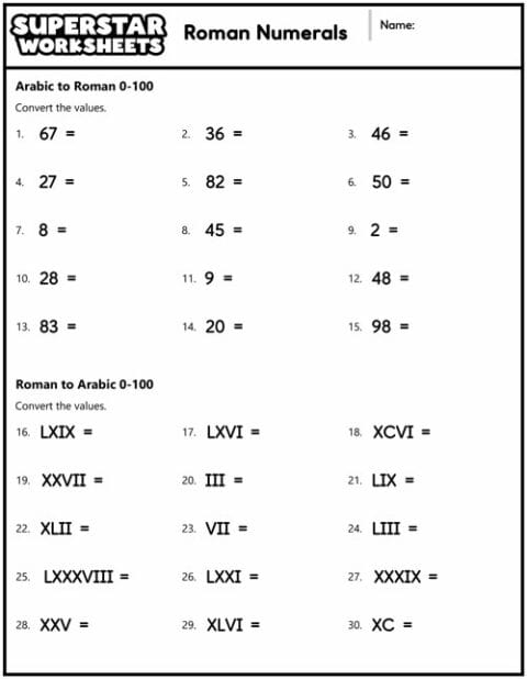 Roman Numerals - Superstar Worksheets