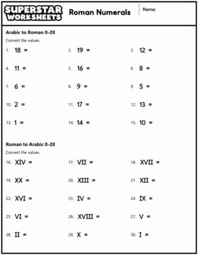 Roman Numerals Worksheets - Superstar Worksheets