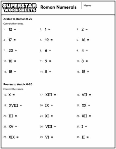 Roman Numerals Worksheets - Superstar Worksheets