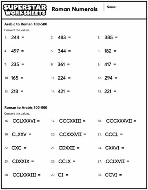 Roman Numerals Worksheets - Superstar Worksheets