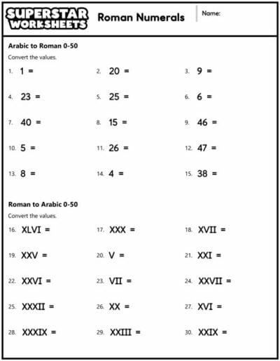 Roman Numerals Worksheets - Superstar Worksheets