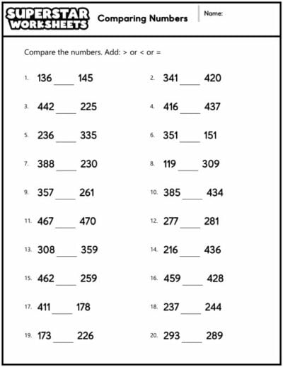 Comparing Numbers Worksheets - Superstar Worksheets