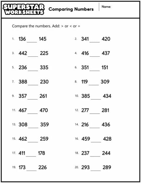 Comparing Numbers Worksheets - Superstar Worksheets
