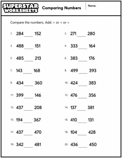 Comparing Numbers Worksheets - Superstar Worksheets