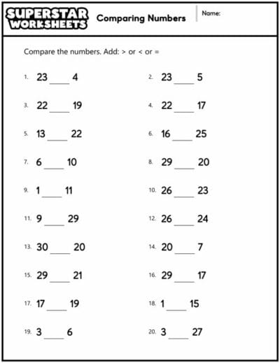 Comparing Numbers Worksheets - Superstar Worksheets