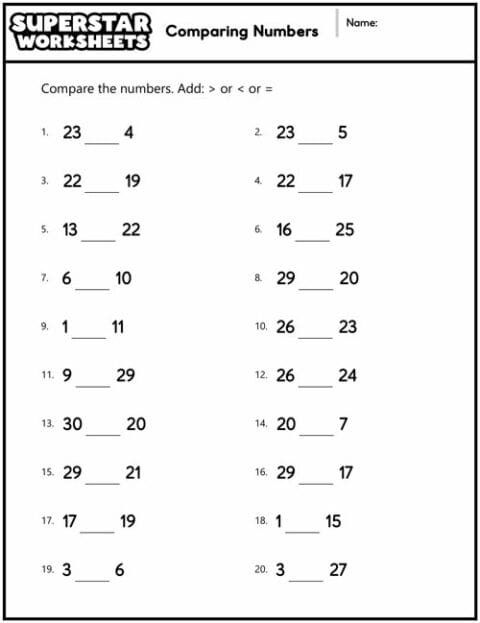 Comparing Numbers Worksheets - Superstar Worksheets