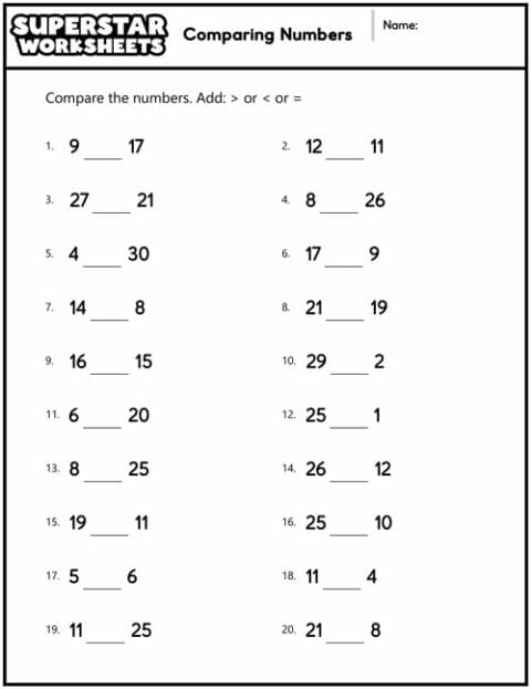 Comparing Numbers Worksheets - Superstar Worksheets
