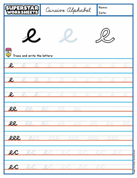 Cursive E - Superstar Worksheets