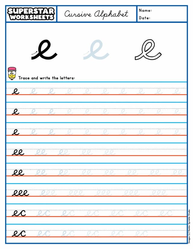 Cursive E - Superstar Worksheets