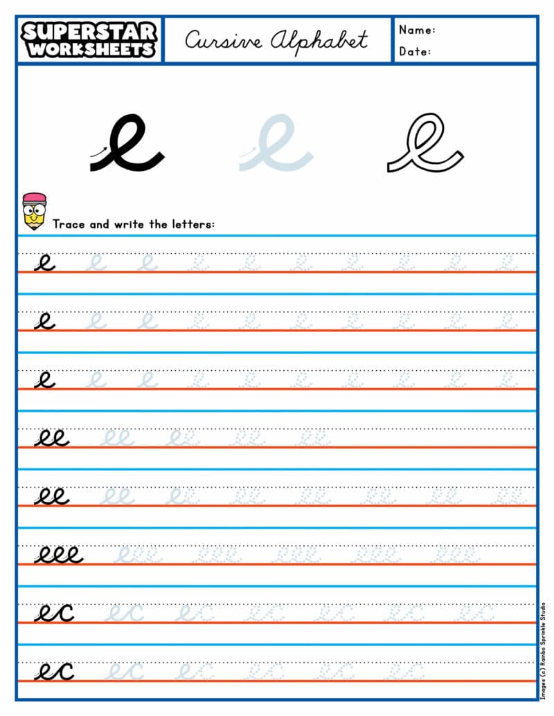 Cursive E - Superstar Worksheets
