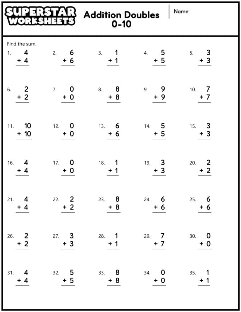 Addition Doubles Worksheets - Superstar Worksheets