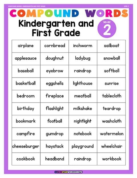 Compound Word Lists - Superstar Worksheets