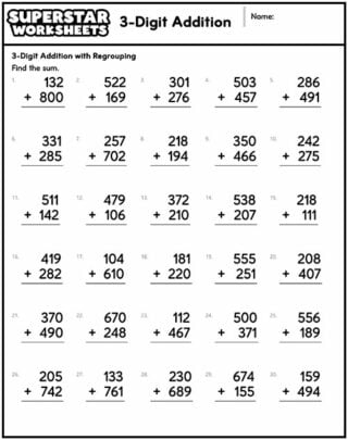 3-Digit Addition Worksheets - Superstar Worksheets
